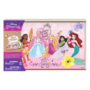 disney princess, 7 wood puzzles jigsaw bundle 12-piece 16-piece 24-piece ariel tiana rapunzel pocahontas with storage tray, for kids ages 4 and up