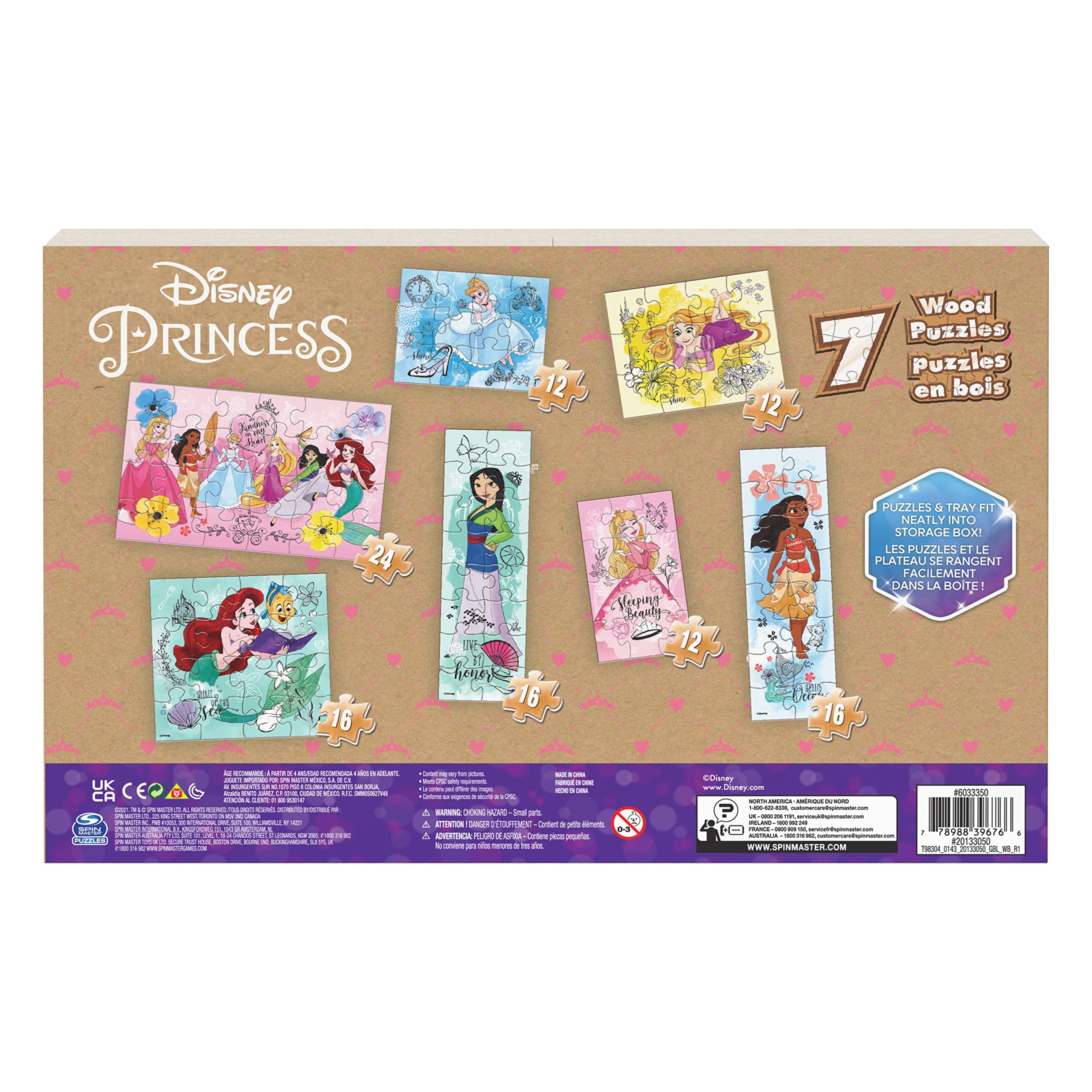 Disney Princess, 7 Wood Puzzles Jigsaw Bundle 12-Piece 16-Piece 24-Piece Ariel Tiana Rapunzel Pocahontas with Storage Tray, for Kids Ages 4 and up