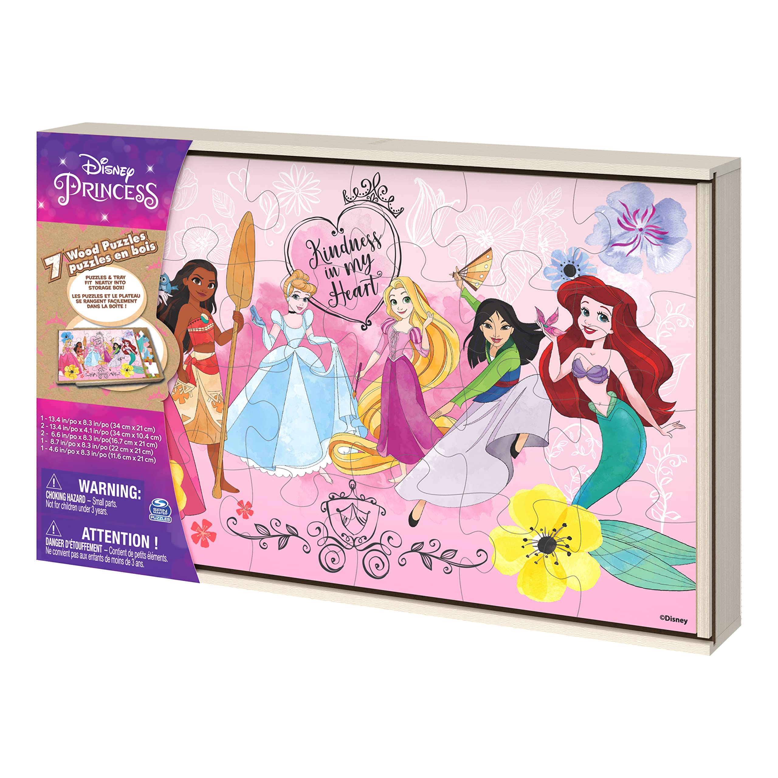 Disney Princess, 7 Wood Puzzles Jigsaw Bundle 12-Piece 16-Piece 24-Piece Ariel Tiana Rapunzel Pocahontas with Storage Tray, for Kids Ages 4 and up