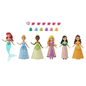 Mattel Disney Princess Toys, Small Doll Party Set with 6 Posable Princess Dolls in Sparkling Clothing & 13 Tea Time Accessories