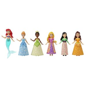 Mattel Disney Princess Toys, Small Doll Party Set with 6 Posable Princess Dolls in Sparkling Clothing & 13 Tea Time Accessories