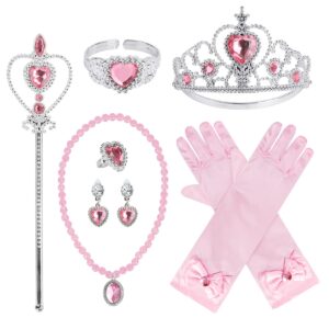 princess dress up party accessories for princess costume gloves tiara wand necklace earrings bracelet and ring gift set 9pcs (pink, set of 7, 9pcs)