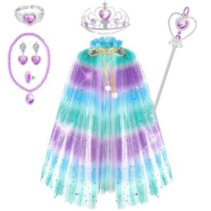 fedio princess cape set 7 pieces girls princess cloak with tiara crown, wand for little girls dress up (multi-color)