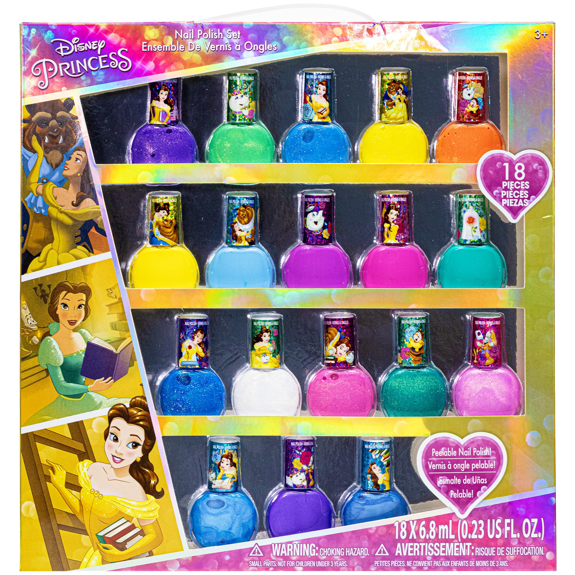 Townley Girl Disney Princess Belle 18 Pcs Non-Toxic Peel-Off Water-Based Safe Quick Dry Nail Polish Kit| Birthday Gift Nail Paint Set for Girls, Glittery and Opaque Colors| Kids Ages 3+