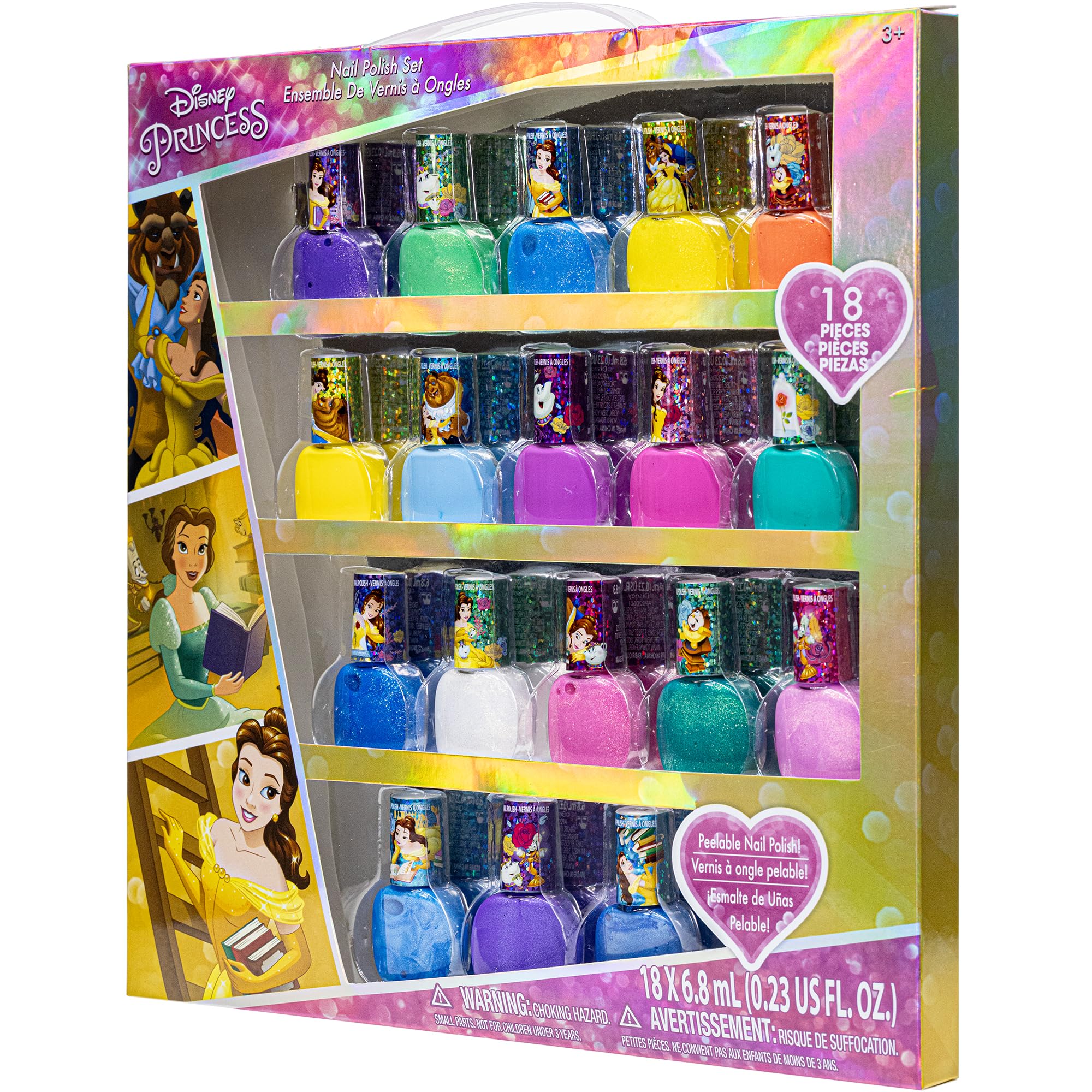 Townley Girl Disney Princess Belle 18 Pcs Non-Toxic Peel-Off Water-Based Safe Quick Dry Nail Polish Kit| Birthday Gift Nail Paint Set for Girls, Glittery and Opaque Colors| Kids Ages 3+