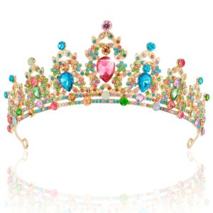 supoo tiaras for women birthday crown gold crown colorful rhinestone princess tiara metal queen crown for women headband hair accessories gifts party decoration for wedding prom halloween