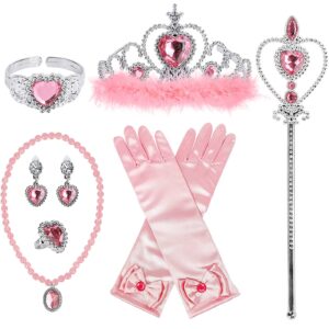 princess dress up accessories princess gloves, bibuty 7pcs dress up set for toddler girls with princess crown, wand, gloves, necklace, earrings, bracelet and ring, costume toys for 3-6 yr little girls