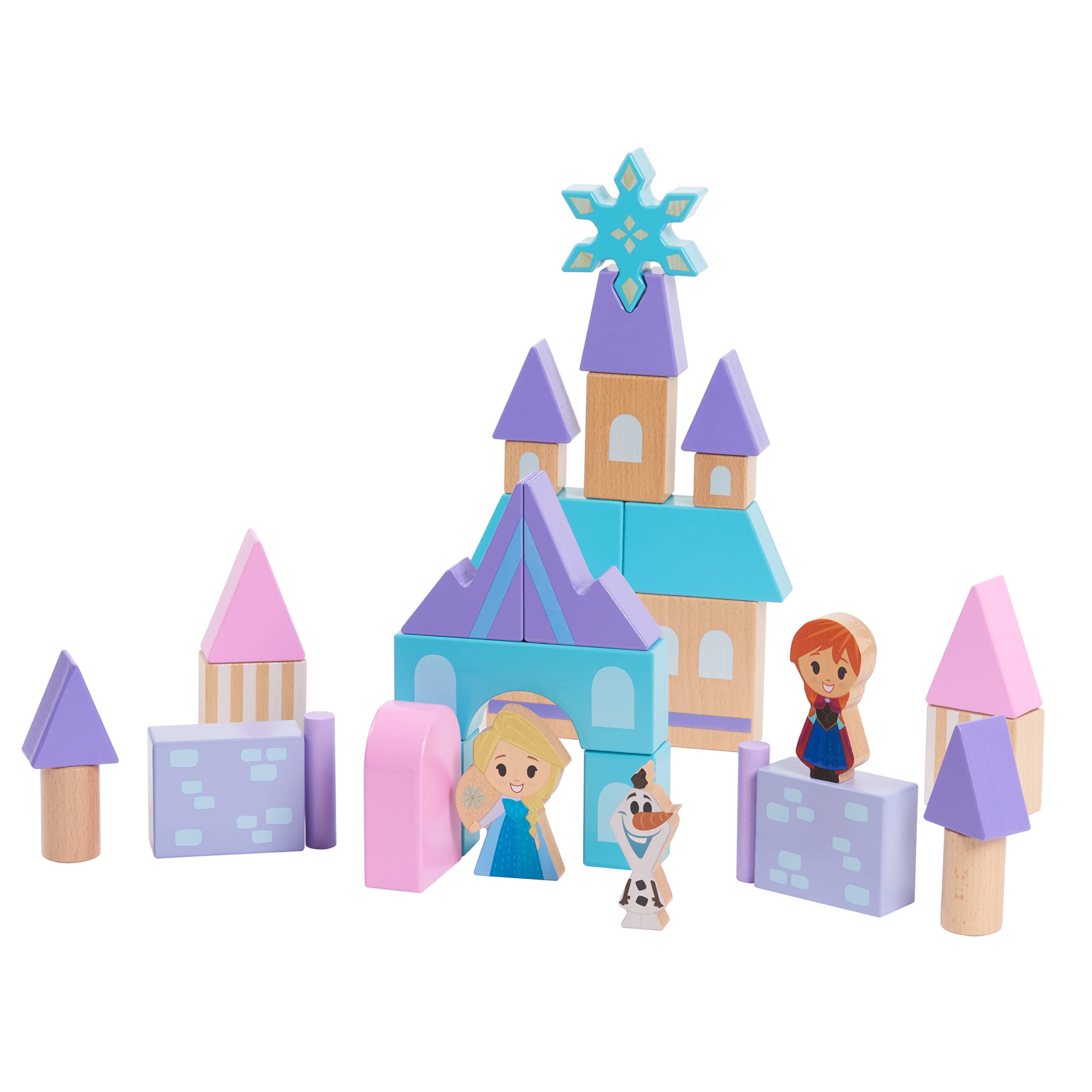 Just Play Disney Wooden Toys Frozen Arendelle Castle Block Set, 30+ Pieces Include Elsa, Anna, and Olaf Block Figures, Officially Licensed Kids Toys for Ages 3 Up