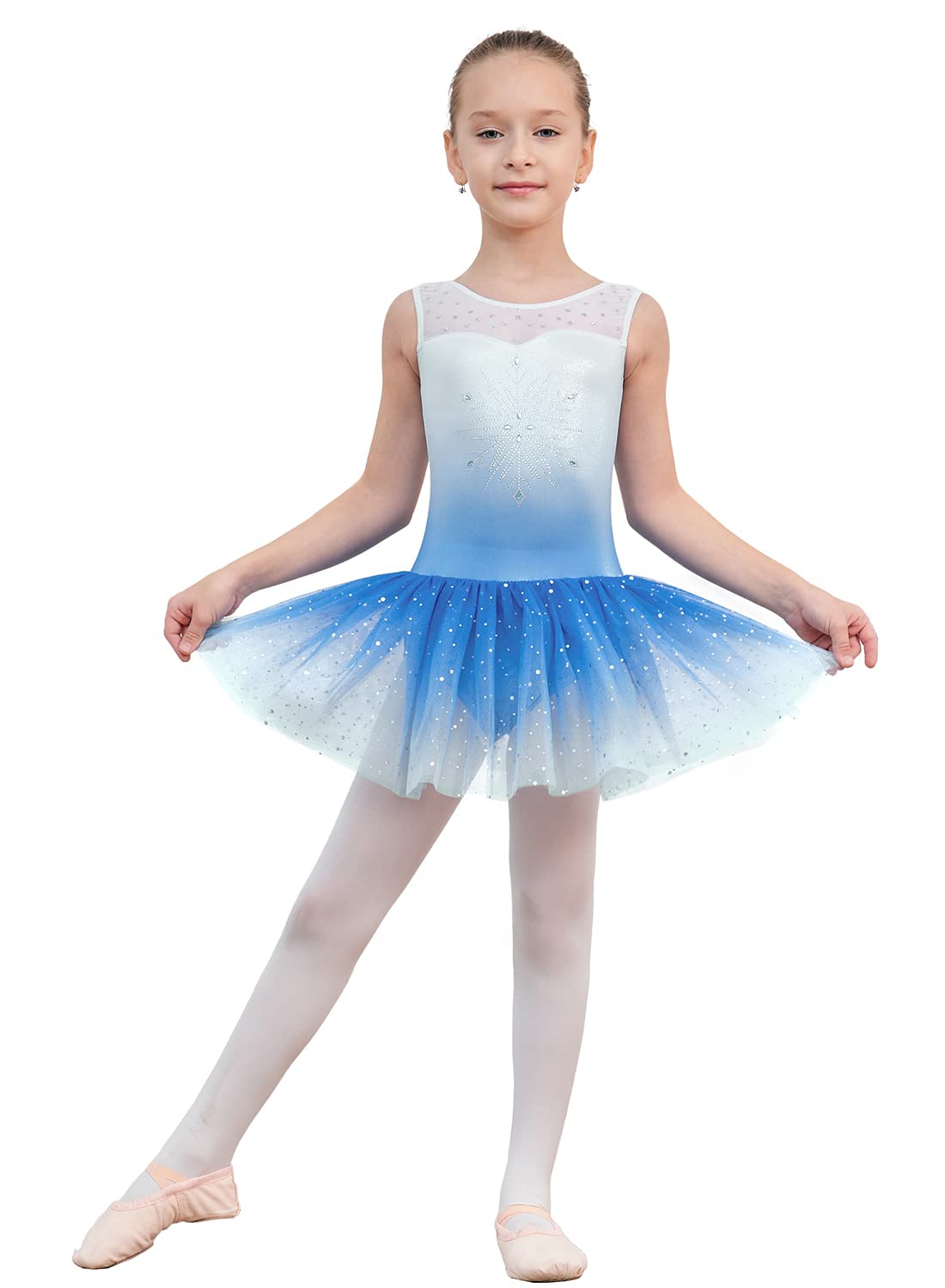 EQSJIU Dance Leotards For Girls With Tutu Ballet Skirts Dresses Gymnastics 3t 4t Blue Snowflake Diamond Gradient Colors White 3-4t Cute Princess Dress