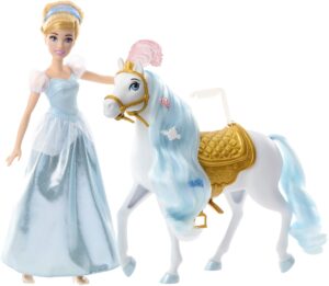 mattel disney princess toys, cinderella fashion doll & horse with saddle, brushable mane & tail & styling accessories, inspired by the movie