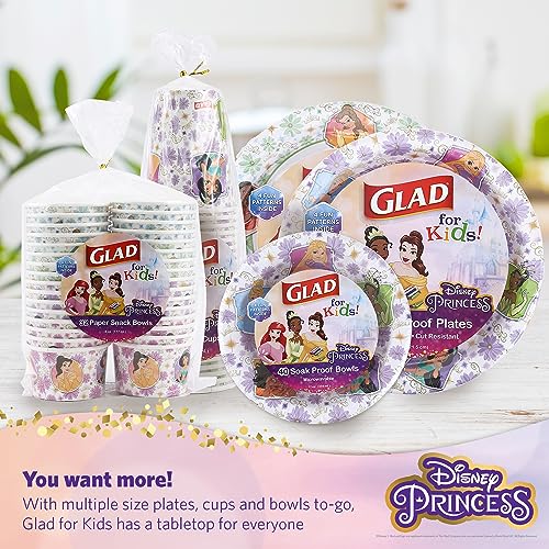 Glad for Kids Disney Princess 8.5” Paper Plates | Disney Princess Paper Plates, Kids Snack Plates | Kid-Friendly Paper Plates for Everyday Use, 8.5” Paper Plates 40 Ct, Floral Frames