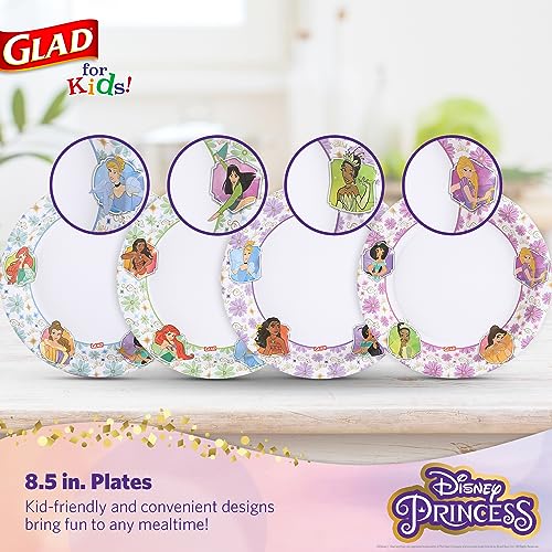 Glad for Kids Disney Princess 8.5” Paper Plates | Disney Princess Paper Plates, Kids Snack Plates | Kid-Friendly Paper Plates for Everyday Use, 8.5” Paper Plates 40 Ct, Floral Frames