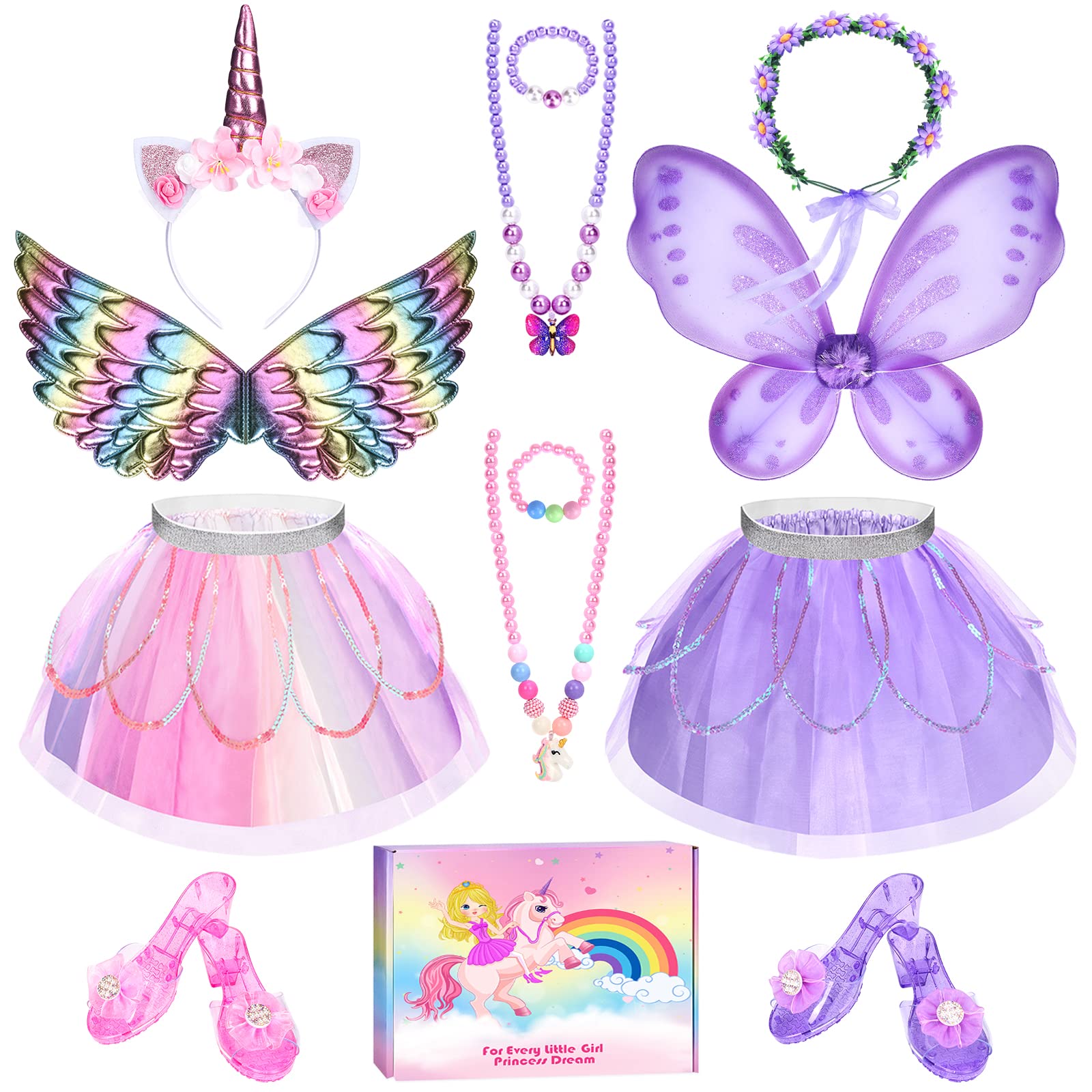 Unicorn & Flower Princess Dress Up Clothes Set for Girls - Tutu, Wings, Shoes, Jewelry, Headband & Play Toys Gift Set for Toddlers