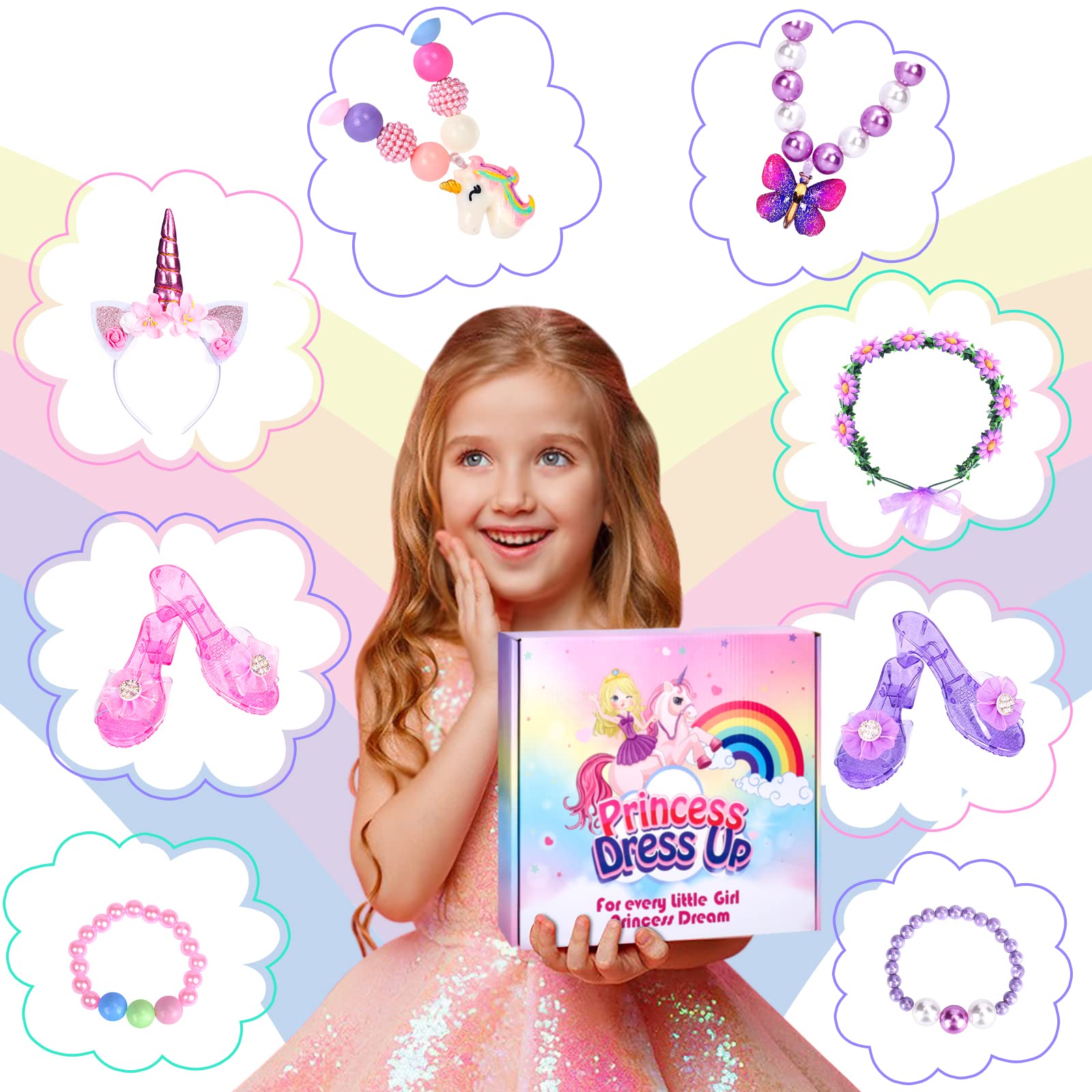 Unicorn & Flower Princess Dress Up Clothes Set for Girls - Tutu, Wings, Shoes, Jewelry, Headband & Play Toys Gift Set for Toddlers