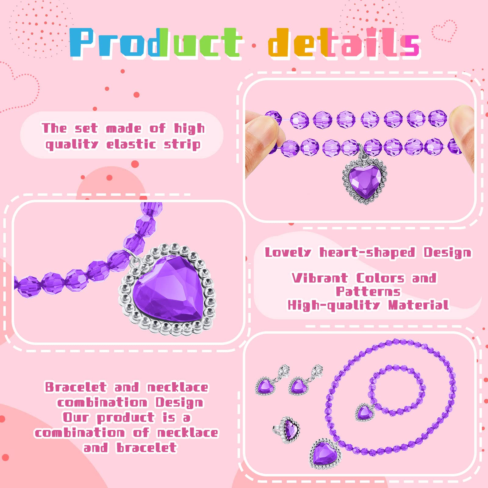 Henoyso 6 Set Princess Jewelry Dress Up Jewelry Princess Pretend Toy Jewelry Set with Necklace Bracelet Rings Earrings Princess Costume Jewelry Beaded Toy Necklace for Party Favors Costume (Colorful)