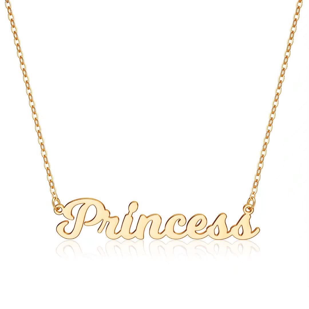 Ursteel Princess Necklace, Custom Name Necklace Personalized 14K Gold Plated Princess Name Plate Necklace Personalized Name Necklace for Women Teenage Girls