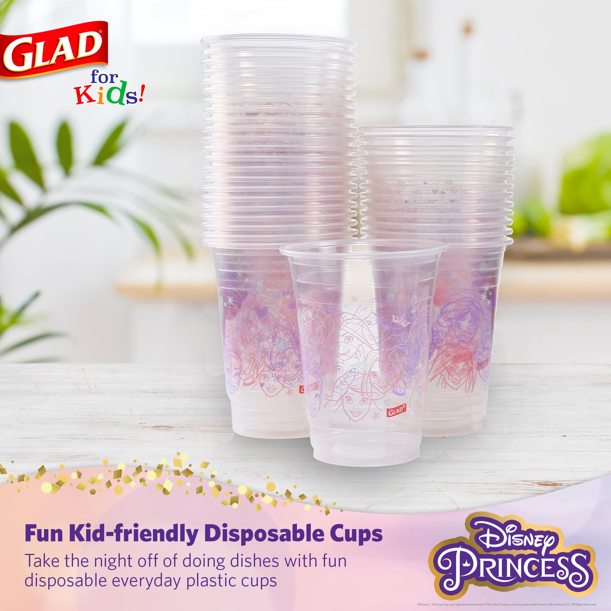 Glad for Kids Disney Princess 16oz Clear Plastic Cups | Disney Princess Plastic Cups, Kids Snack Cups | Kid-Friendly Plastic Cups for Everyday Use, 16oz Plastic Cups 36 Ct