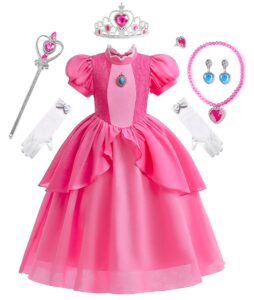 akokvlar princess peach costume for girls deluxe halloween dress up outfit with accessories (pink, 5-6 years)