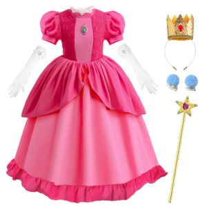 luzlen pink princess costume for girls kids toddler cosplay dress with accessories halloween birthday outfits, 5-6t(tag 130)