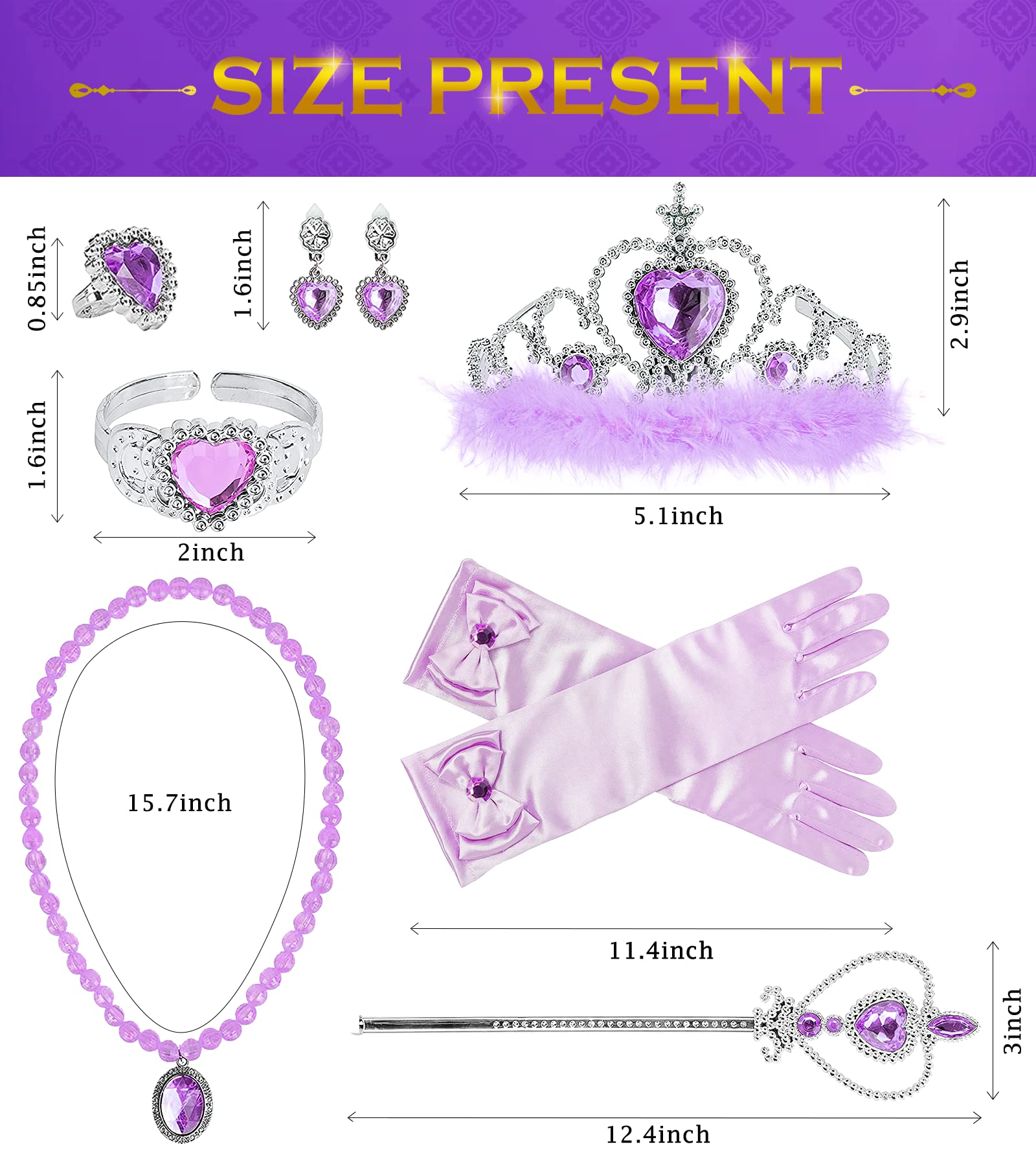 Princess Dress Up Accessories Princess Gloves, BIBUTY 7pcs Dress Up Set for Toddler Girls with Princess Crown, Wand, Gloves, Necklace, Earrings, Bracelet and Ring, Costume Toys for 3-6 yr Little Girls