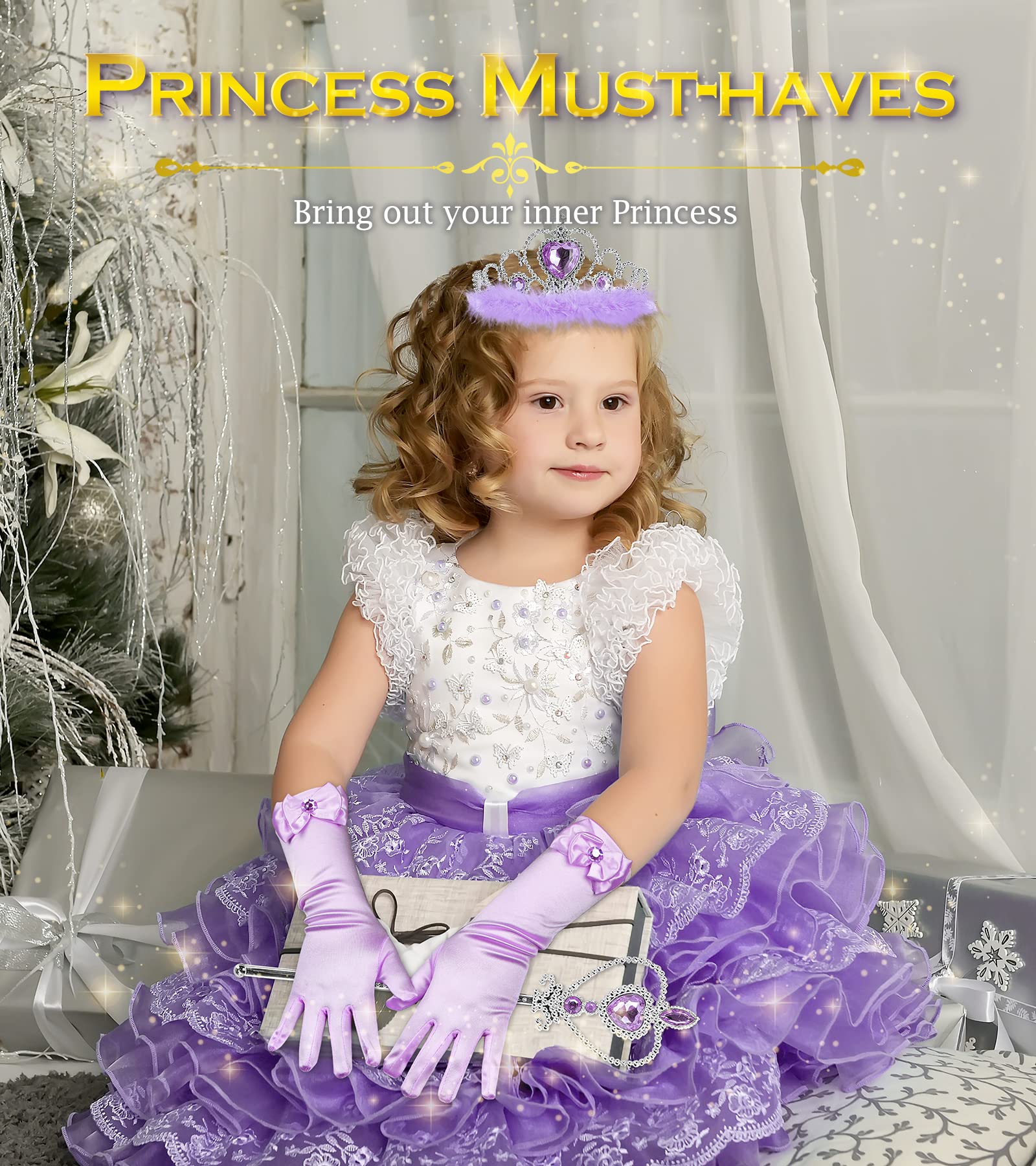 Princess Dress Up Accessories Princess Gloves, BIBUTY 7pcs Dress Up Set for Toddler Girls with Princess Crown, Wand, Gloves, Necklace, Earrings, Bracelet and Ring, Costume Toys for 3-6 yr Little Girls