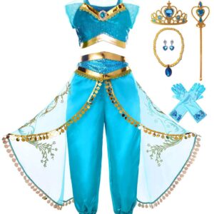 KuKiee Girls Princess Costume Halloween Cosplay Party Dress Up (5-6/120, Blue with Accessories)