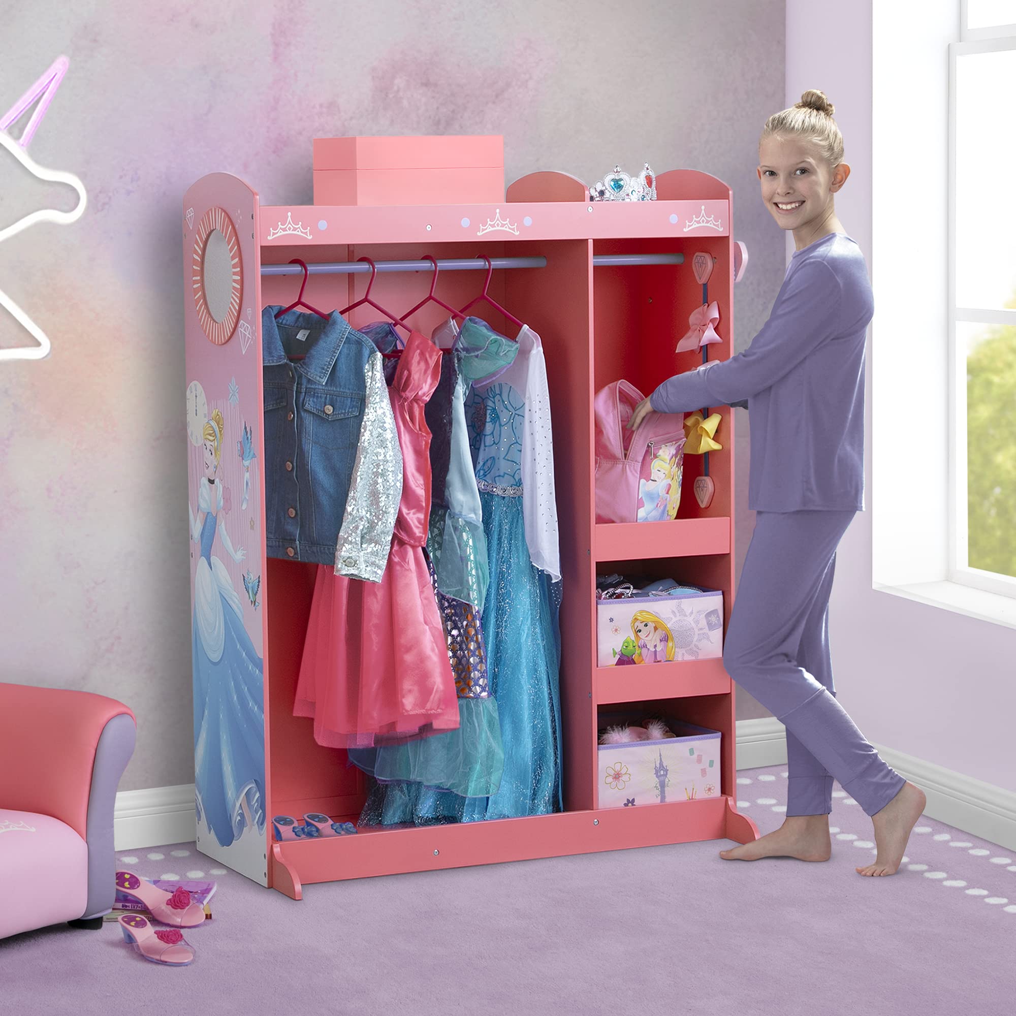 Disney Princess Dress & Play Boutique - Pretend Play Costume Storage Closet/Wardrobe for Kids with Mirror & Shelves by Delta Children, Pink