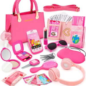 little girl purse with pretend makeup for toddlers, 49pcs kids play purse set - princess toy accessories, pretend play headset wallet phones sunglasses keys credit cards birthday gift for girls age 3+