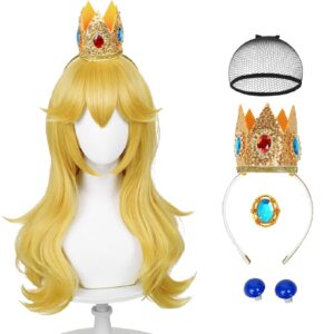 wiggy mermaid blonde wavy princess wig for adult, long golden cosplay wig + crown brooch earrings accessories + wig cap for halloween costume party