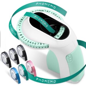 phomemo embossing label maker machine with tapes, portable retro embossed label maker writer, mini embosser label maker with 6 rolls embossing label tapes for home,office diy and crafting -green