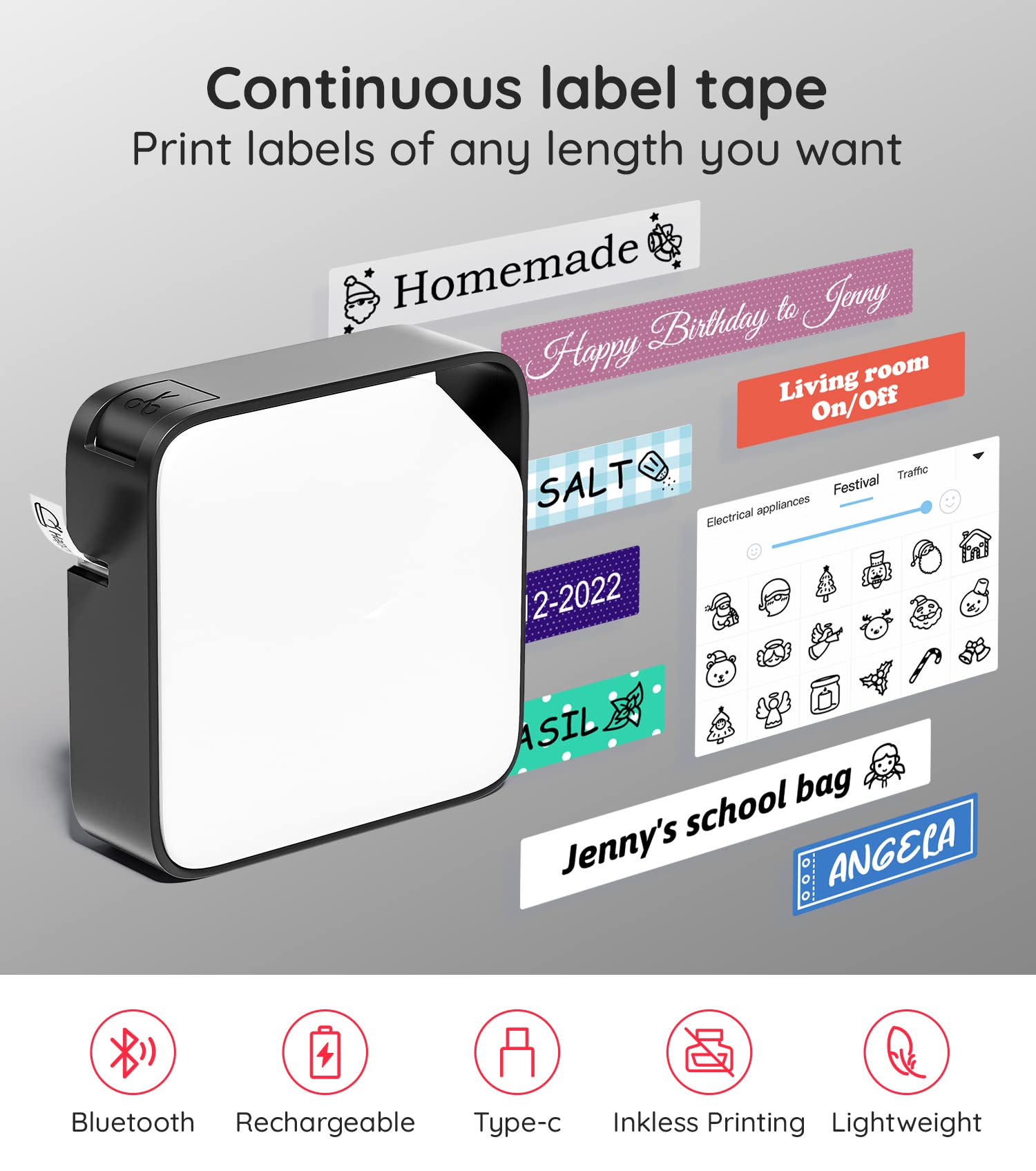 Vixic Label Maker Machine D1600, Portable Bluetooth Label Maker and Printer, Mini Sticker Labeler Compatible with Android & iOS Phone for organizing, Easy to Use Inkless Rechargeable, White-Black