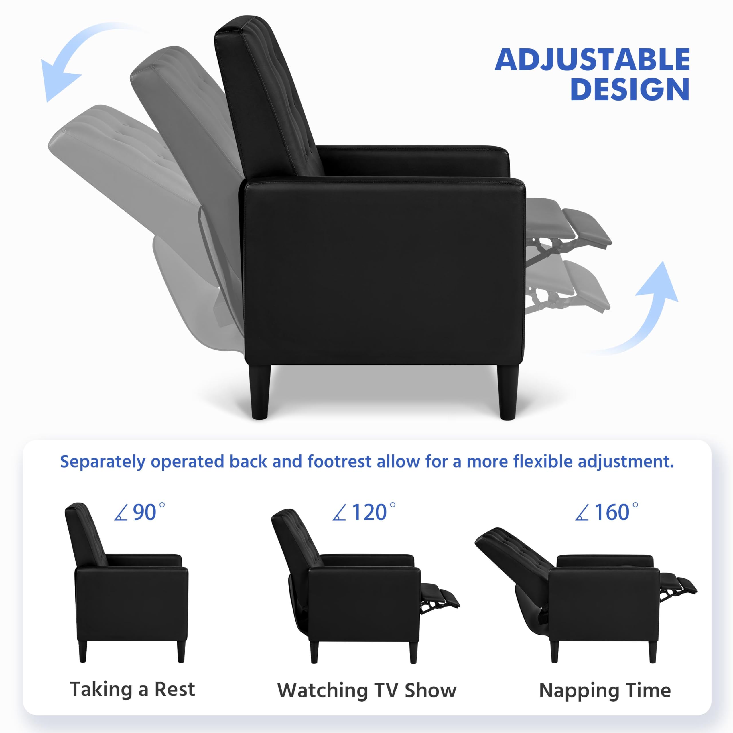 Yaheetech Faux Leather Recliner Sofa Mid-Century Modern Single Reclining Chair Adjustable Back & Footrest Tufted Upholstered Sofa with Pocket Spring Living Room Bedroom Home Theater 2 Pieces Black