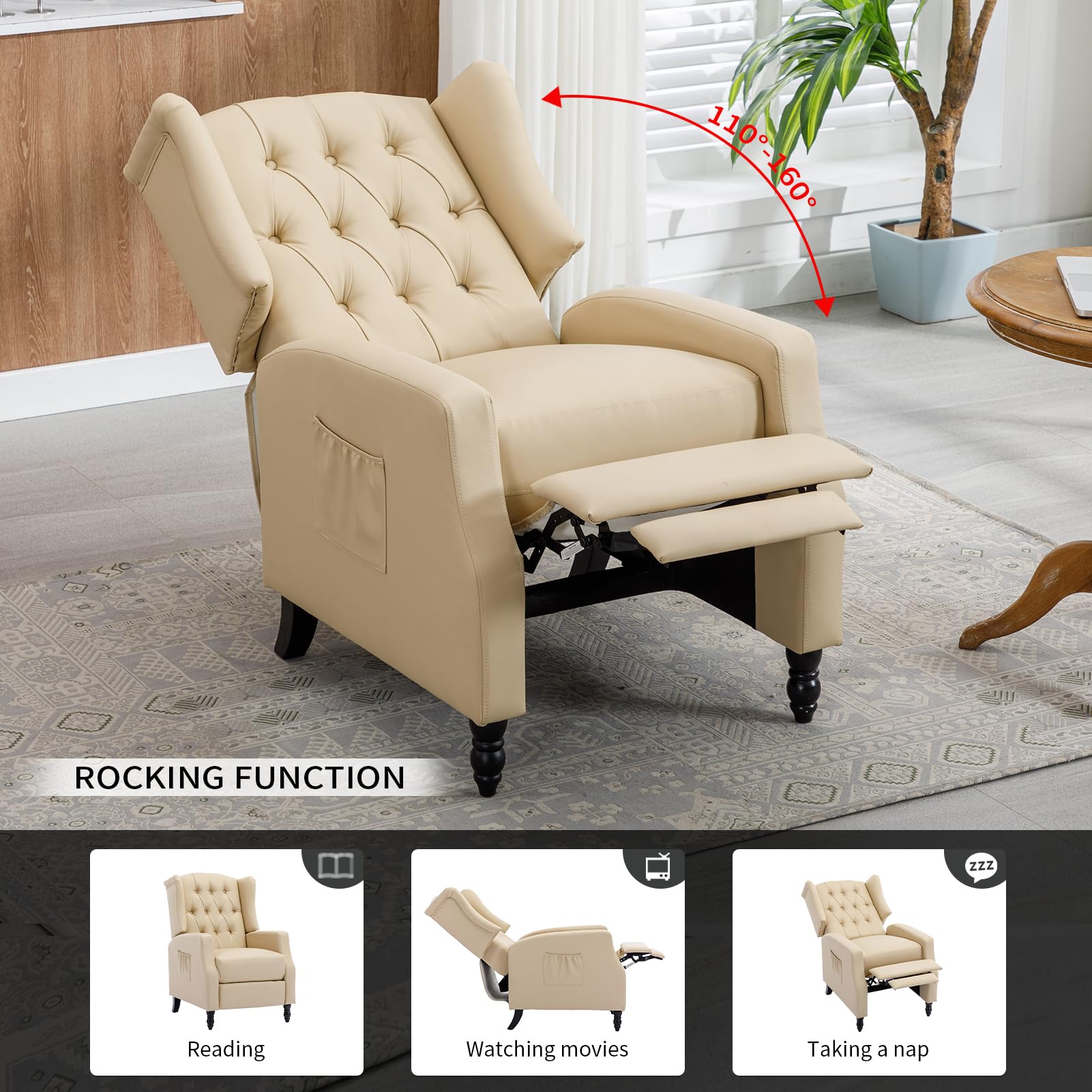 MOONMISS Modern Recliner Chairs Comfortable Lounge with Side Pockets Single Sofa Home Theater Seating for Living Room, Adjustable Back and Wooden Legs, PU Leather, Camel