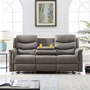 verfur double recliner rv sofa with console |faux leather motion 2 cup holders, 3-seater loveseat couches with flipped middle backrest, home theater seating living room furniture sets, grey 77.5"