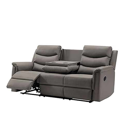 Verfur Double Recliner RV Sofa with Console |Faux Leather Motion 2 Cup Holders, 3-Seater Loveseat Couches with Flipped Middle Backrest, Home Theater Seating Living Room Furniture Sets, Grey 77.5"