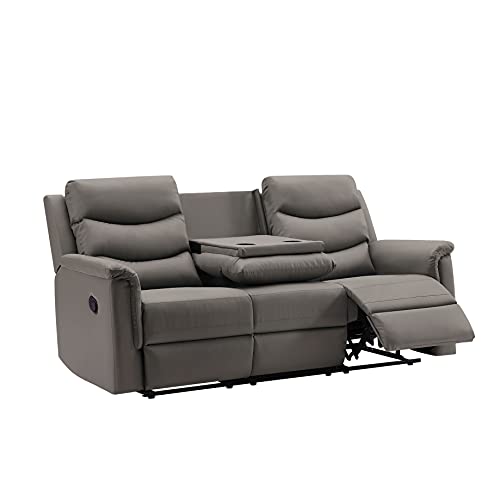 Verfur Double Recliner RV Sofa with Console |Faux Leather Motion 2 Cup Holders, 3-Seater Loveseat Couches with Flipped Middle Backrest, Home Theater Seating Living Room Furniture Sets, Grey 77.5"