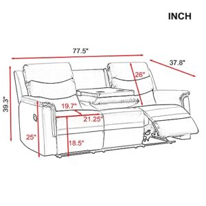 Verfur Double Recliner RV Sofa with Console |Faux Leather Motion 2 Cup Holders, 3-Seater Loveseat Couches with Flipped Middle Backrest, Home Theater Seating Living Room Furniture Sets, Grey 77.5"