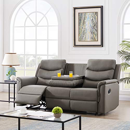 Verfur Double Recliner RV Sofa with Console |Faux Leather Motion 2 Cup Holders, 3-Seater Loveseat Couches with Flipped Middle Backrest, Home Theater Seating Living Room Furniture Sets, Grey 77.5"