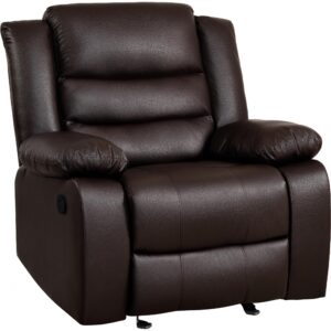 primezone oversized rocker recliner chair - comfy wide lazy boy recliner chair with overstuffed armrest, faux leather manual reclining chair for living room, bedroom, home theater seating, brown