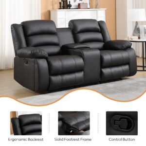 EBELLO Faux Leather Manual Loveseat Recliner, Reclining Sofa Chair with 2 Concealed Cup Holders, Hidden Storage, Overstuffed Armrest Couch Set for Living Room, Bedroom, Meeting Room, Black (Loveseat)