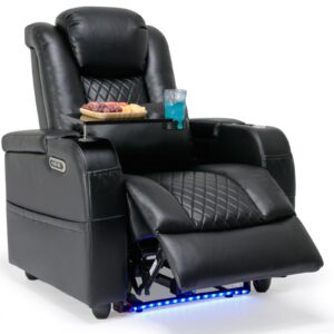 airadlis home theater seating seats, game movie theater chairs theater recliner sofa with 7 colors ambient lighting, lumbar pillow, side pocket, tray table, power recline, black