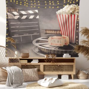 Ambesonne Movie Theater Tapestry, Old Fashion Entertainment Objects Related to Cinema Film Reel Motion Picture, Wide Wall Hanging for Bedroom Living Room Dorm, 80" X 60", Yellow White