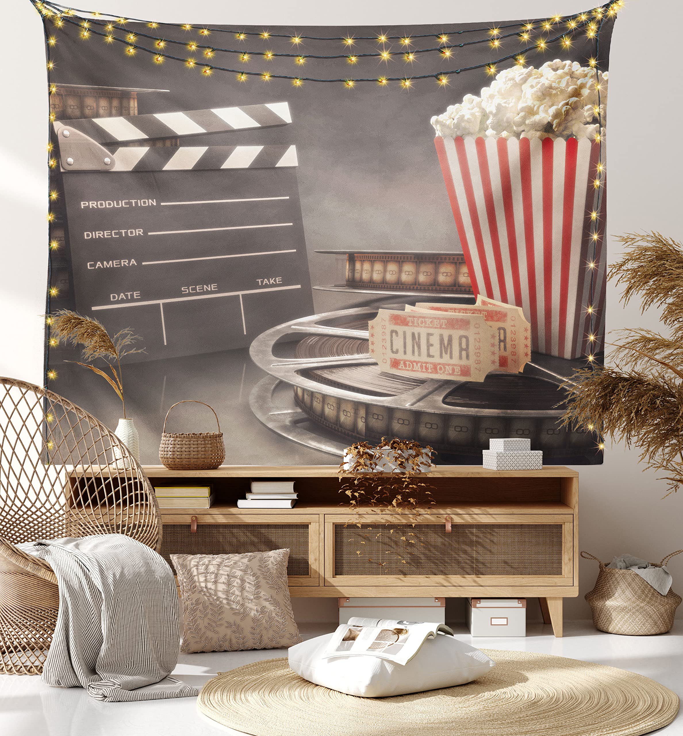 Ambesonne Movie Theater Tapestry, Old Fashion Entertainment Objects Related to Cinema Film Reel Motion Picture, Wide Wall Hanging for Bedroom Living Room Dorm, 80" X 60", Yellow White