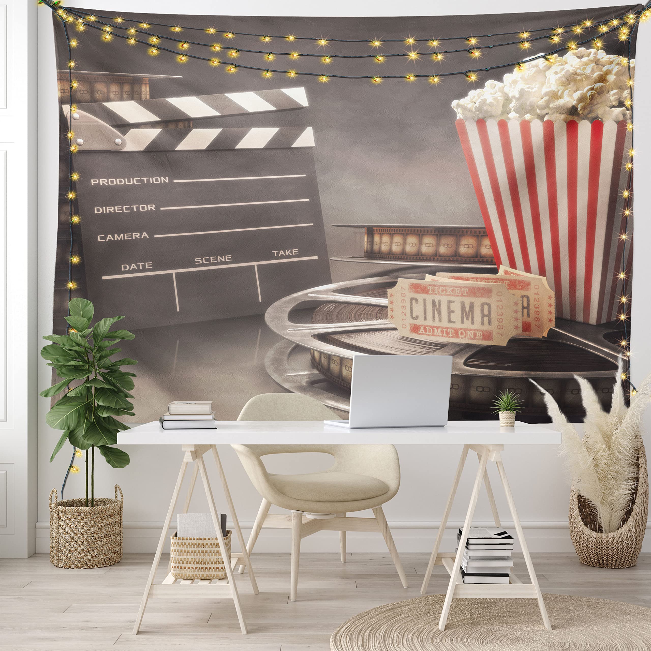 Ambesonne Movie Theater Tapestry, Old Fashion Entertainment Objects Related to Cinema Film Reel Motion Picture, Wide Wall Hanging for Bedroom Living Room Dorm, 80" X 60", Yellow White