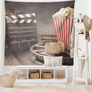 Ambesonne Movie Theater Tapestry, Old Fashion Entertainment Objects Related to Cinema Film Reel Motion Picture, Wide Wall Hanging for Bedroom Living Room Dorm, 80" X 60", Yellow White