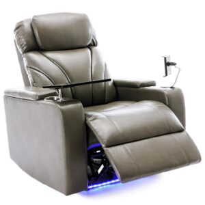 Leather Recliner Chair Power Electric Recliners with Cup Holder and Tray for Adults Theater Seating with USB Charging Port Single Reclining Chair with Hidden Arm Storage for Living Room, Gray