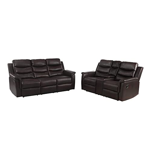 Verfur 2 Pieces Faxu Leather Sofa, 3 Seater Manual Reclining Motion Couch and Loveseat with Storage Console & Cup Holders for Living Room/Office/RV Theater Seating Furniture Set, Brown