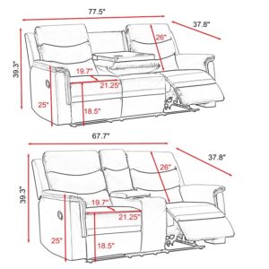 Verfur 2 Pieces Faxu Leather Sofa, 3 Seater Manual Reclining Motion Couch and Loveseat with Storage Console & Cup Holders for Living Room/Office/RV Theater Seating Furniture Set, Brown