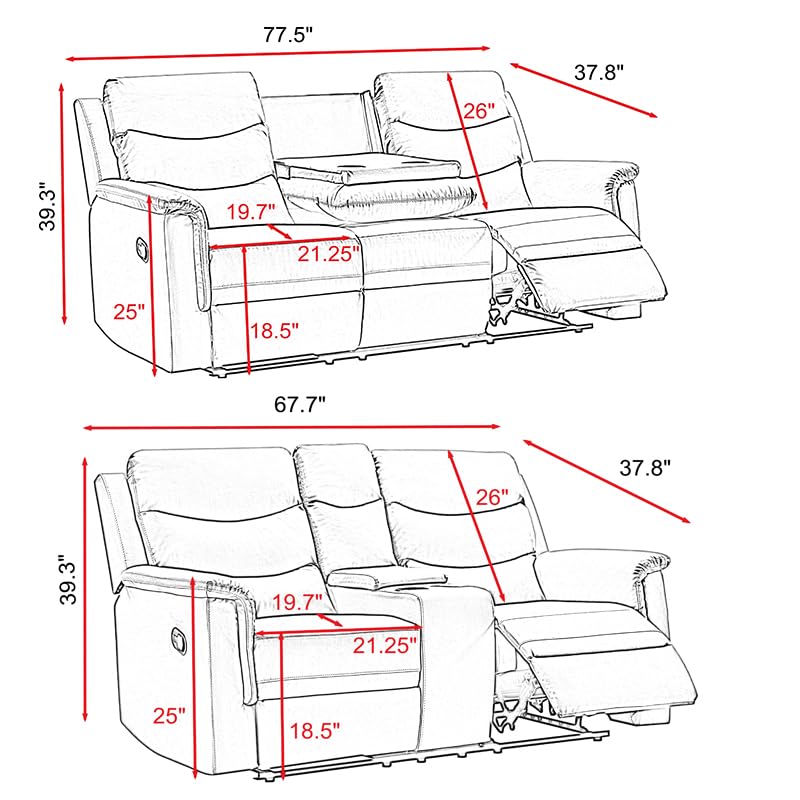 Verfur 2 Pieces Faxu Leather Sofa, 3 Seater Manual Reclining Motion Couch and Loveseat with Storage Console & Cup Holders for Living Room/Office/RV Theater Seating Furniture Set, Brown