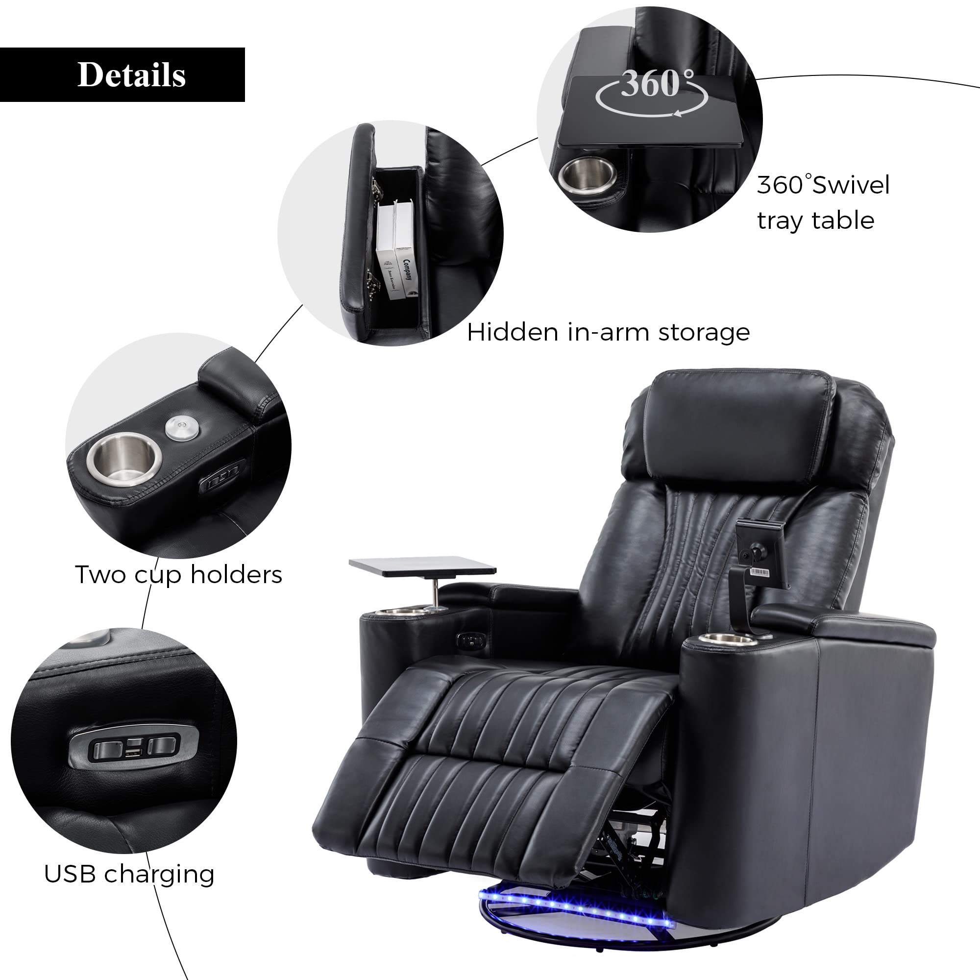 Merax 270¡ã Power Swivel Recliner,Home Theater Seating with Hidden Arm Storage and LED Light Strip,Cup Holder,360¡ã Swivel Tray Table,and Cell Phone Holder,Soft Living Room Chair,Black